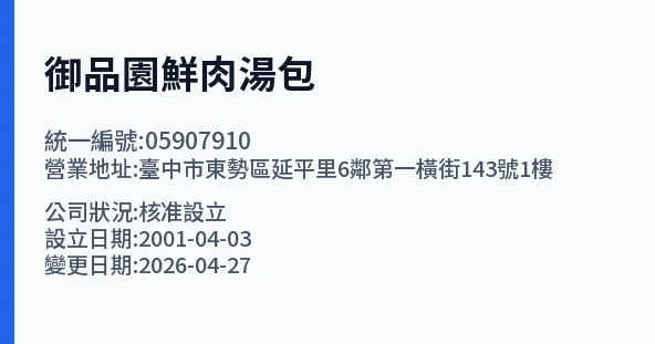 御品園鮮肉湯包的照片-統編 05907910(臺中市) 公司登記資料與營業項目詳細圖表