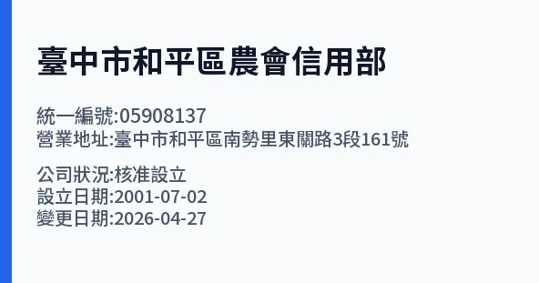 臺中市和平區農會信用部的照片-統編 05908137(臺中市) 公司登記資料與營業項目詳細圖表