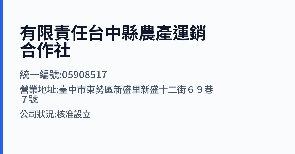 有限責任台中縣農產運銷合作社 - 統編 05908517(臺中市) 公司登記資料與營業項目詳細圖表