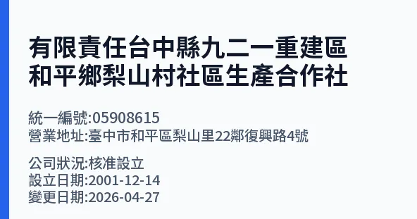 有限責任台中縣九二一重建區和平鄉梨山村社區生產合作社的照片-統編 05908615(臺中市) 公司登記資料與營業項目詳細圖表