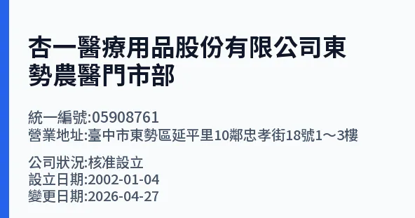 杏一醫療用品股份有限公司東勢農醫門市部的照片-統編 05908761(臺中市) 公司登記資料與營業項目詳細圖表