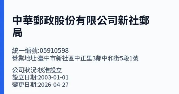 中華郵政股份有限公司新社郵局的照片-統編 05910598(臺中市) 公司登記資料與營業項目詳細圖表
