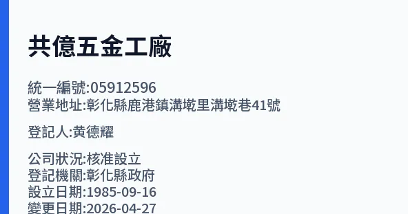 共億五金工廠的照片-統編 05912596(彰化縣) 公司登記資料與營業項目詳細圖表