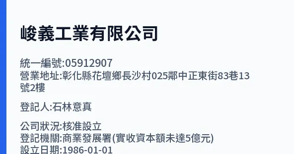 峻義工業有限公司的照片-統編 05912907(彰化縣) 公司登記資料與營業項目詳細圖表