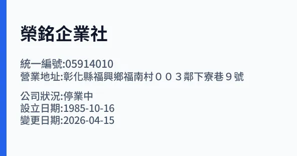 榮銘企業社的照片-統編 05914010(彰化縣) 公司登記資料與營業項目詳細圖表