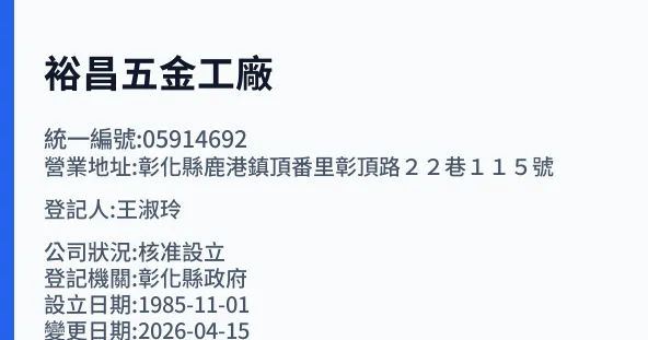 裕昌五金工廠的照片-統編 05914692(彰化縣) 公司登記資料與營業項目詳細圖表