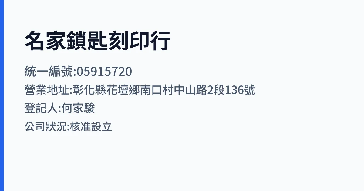 名家鎖匙刻印行 - 統編 05915720(彰化縣) 公司登記資料與營業項目詳細圖表