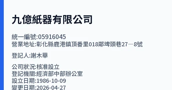 九億紙器有限公司的照片-統編 05916045(彰化縣) 公司登記資料與營業項目詳細圖表