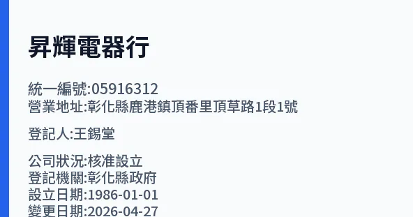 昇輝電器行的照片-統編 05916312(彰化縣) 公司登記資料與營業項目詳細圖表