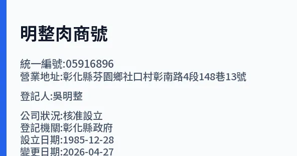 明整肉商號的照片-統編 05916896(彰化縣) 公司登記資料與營業項目詳細圖表