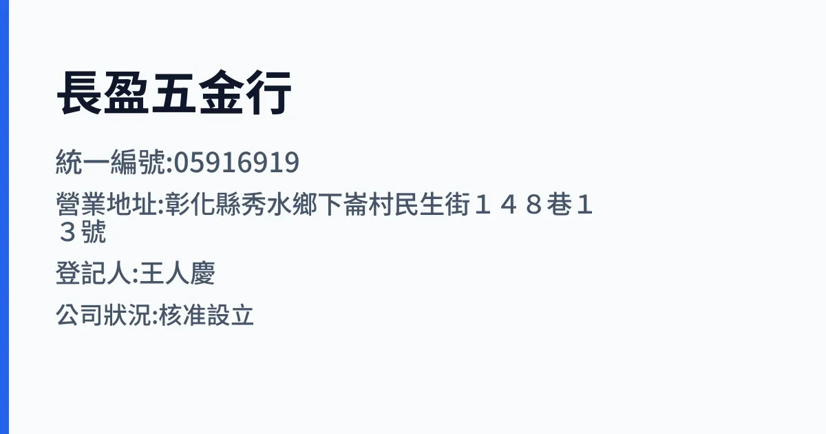長盈五金行 - 統編 05916919(彰化縣) 公司登記資料與營業項目詳細圖表