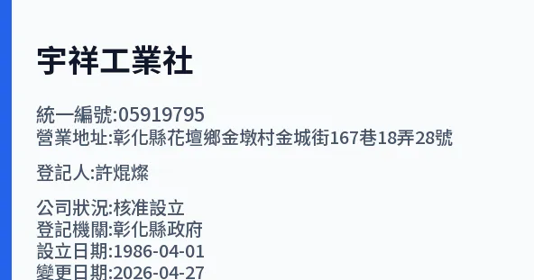 宇祥工業社的照片-統編 05919795(彰化縣) 公司登記資料與營業項目詳細圖表