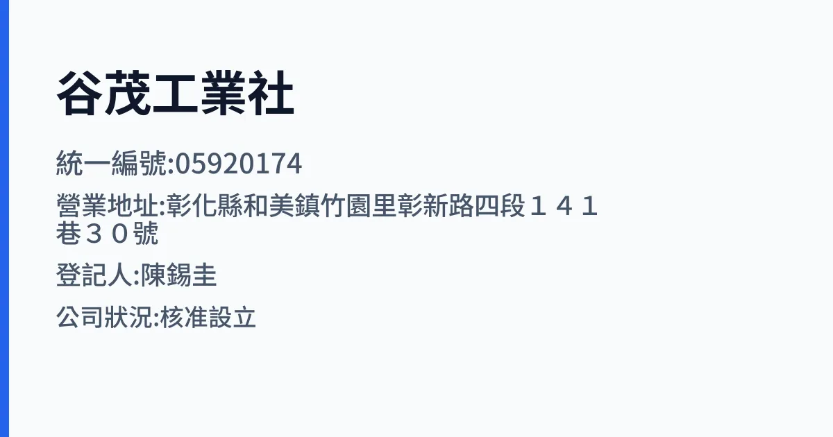 谷茂工業社 - 統編 05920174(彰化縣) 公司登記資料與營業項目詳細圖表