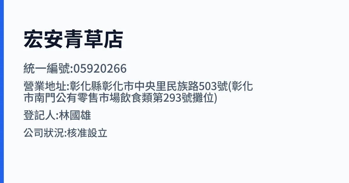 宏安青草店 - 統編 05920266(彰化縣) 公司登記資料與營業項目詳細圖表