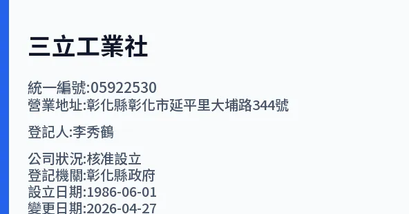 三立工業社的照片-統編 05922530(彰化縣) 公司登記資料與營業項目詳細圖表