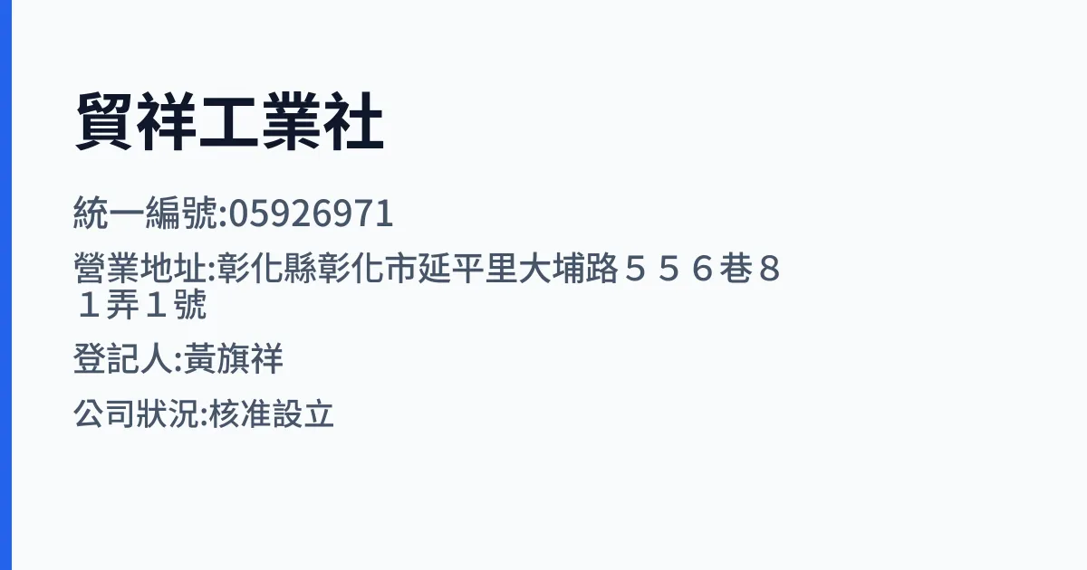 貿祥工業社 - 統編 05926971(彰化縣) 公司登記資料與營業項目詳細圖表