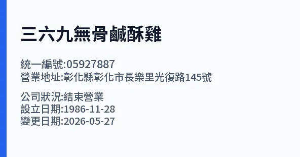 三六九無骨鹹酥雞的照片-統編 05927887(彰化縣) 公司登記資料與營業項目詳細圖表