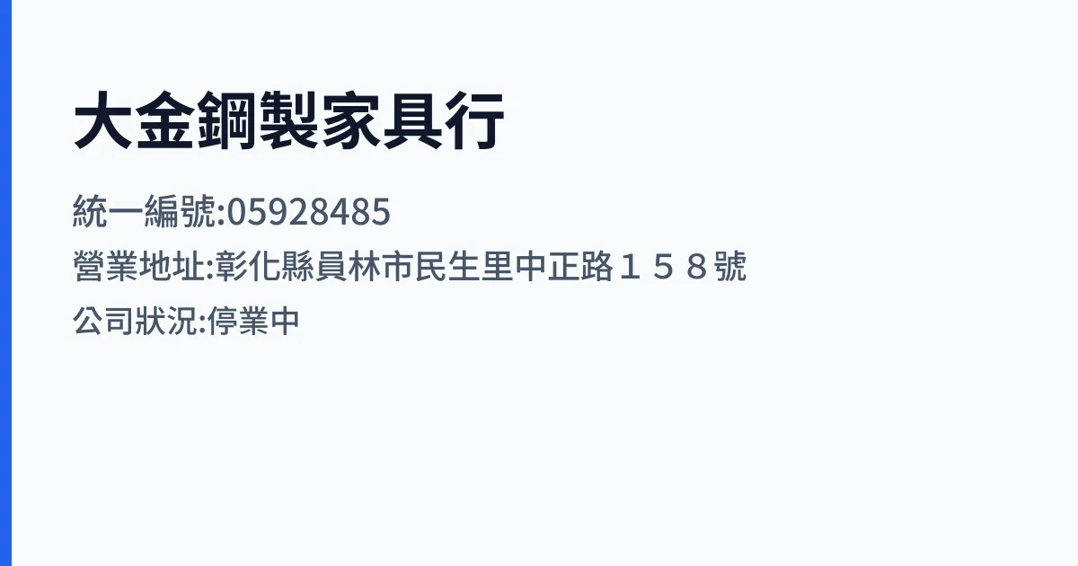 大金鋼製家具行 - 統編 05928485(彰化縣) 公司登記資料與營業項目詳細圖表