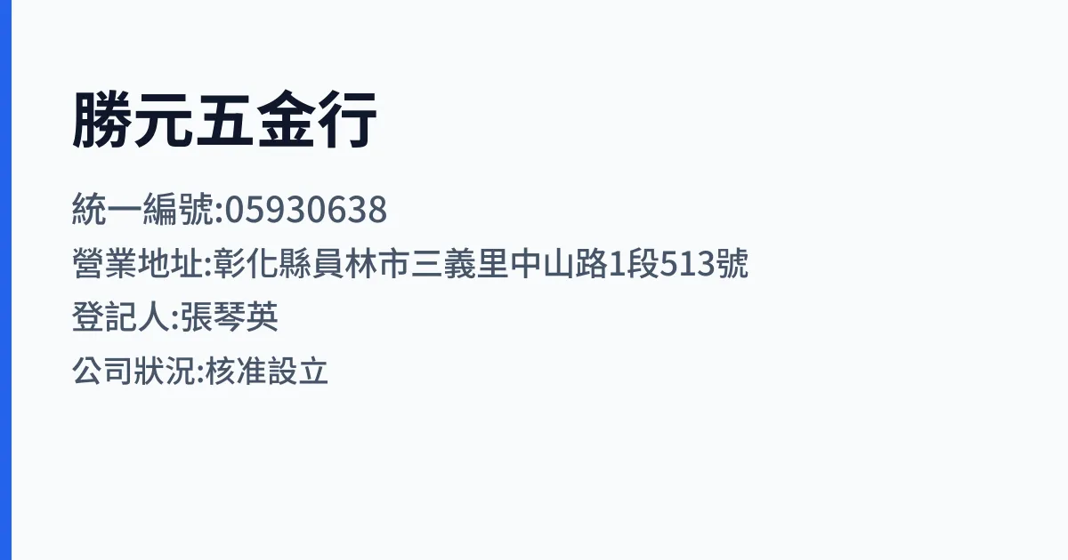 勝元五金行 - 統編 05930638(彰化縣) 公司登記資料與營業項目詳細圖表