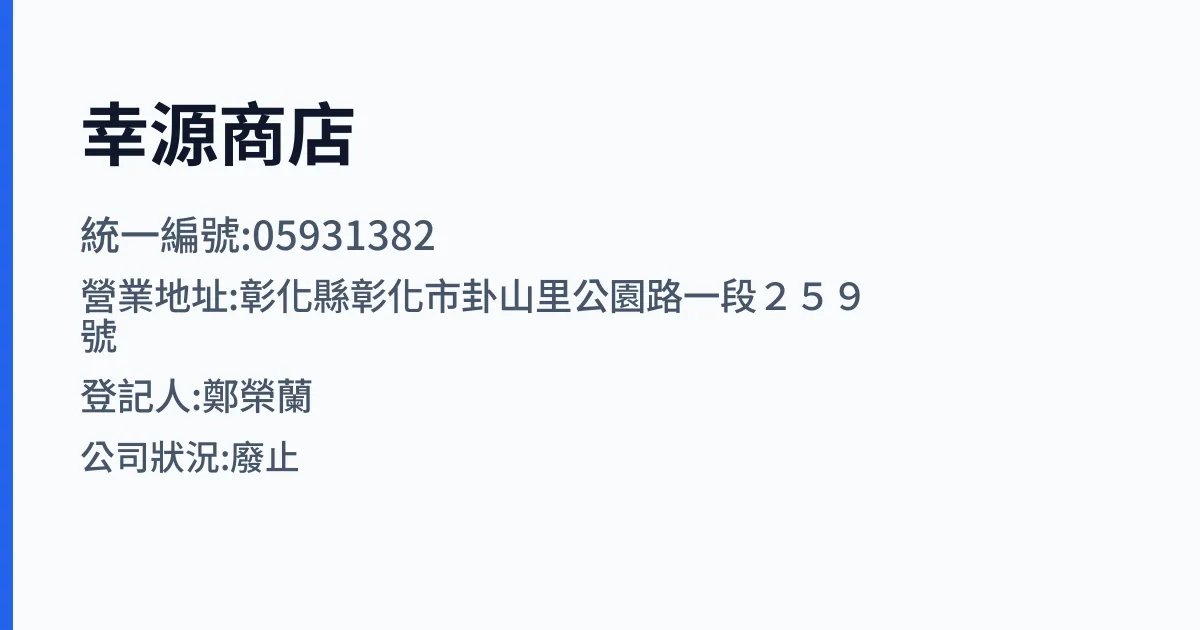 幸源商店 - 統編 05931382(彰化縣) 公司登記資料與營業項目詳細圖表