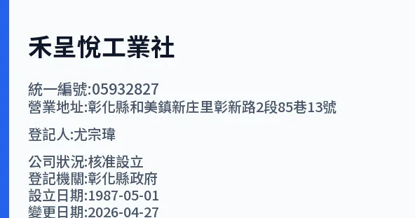 禾呈悅工業社的照片-統編 05932827(彰化縣) 公司登記資料與營業項目詳細圖表