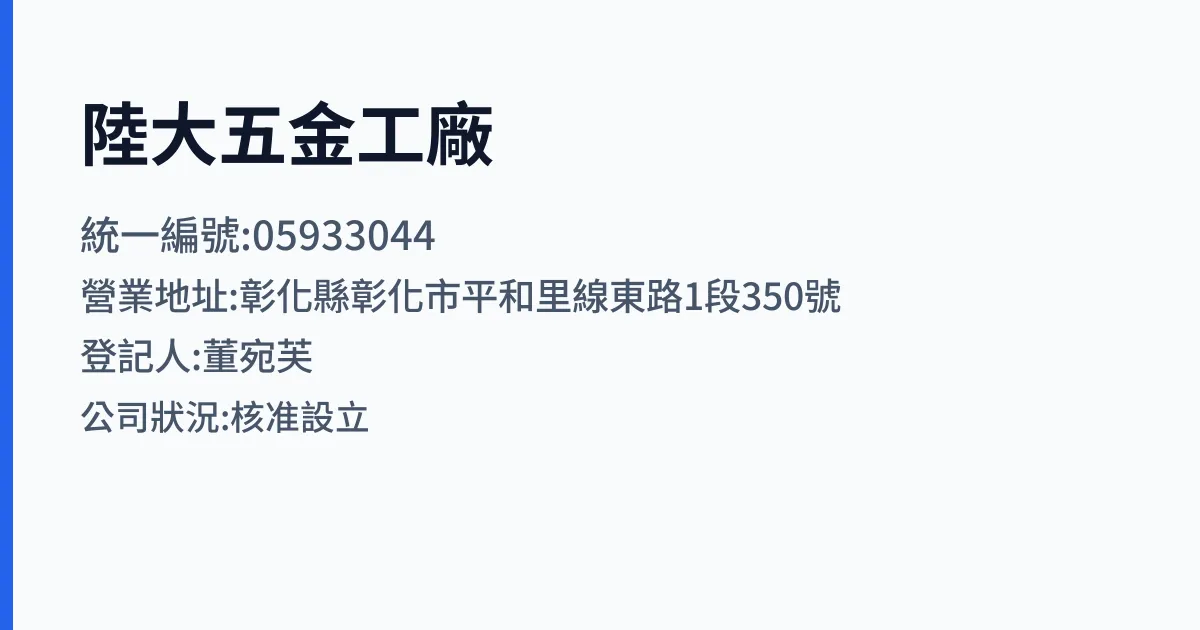 陸大五金工廠 - 統編 05933044(彰化縣) 公司登記資料與營業項目詳細圖表