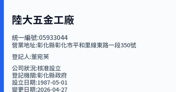 陸大五金工廠的照片-統編 05933044(彰化縣) 公司登記資料與營業項目詳細圖表