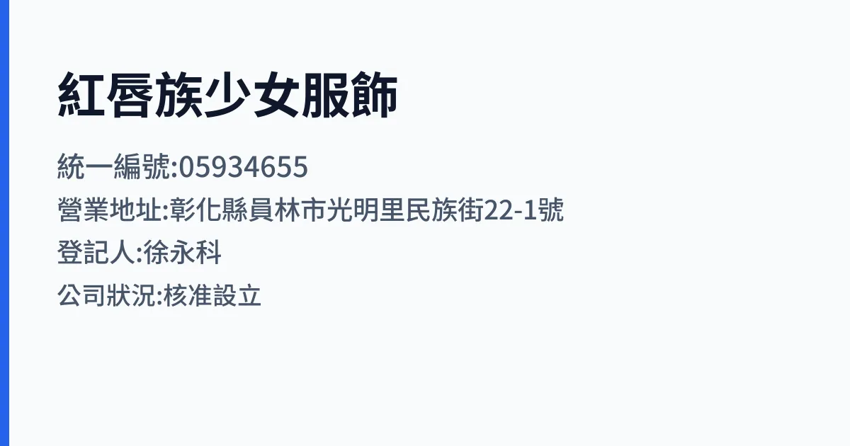紅唇族少女服飾 - 統編 05934655(彰化縣) 公司登記資料與營業項目詳細圖表