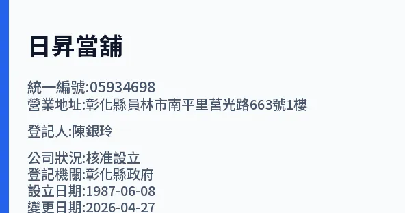 日昇當舖的照片-統編 05934698(彰化縣) 公司登記資料與營業項目詳細圖表