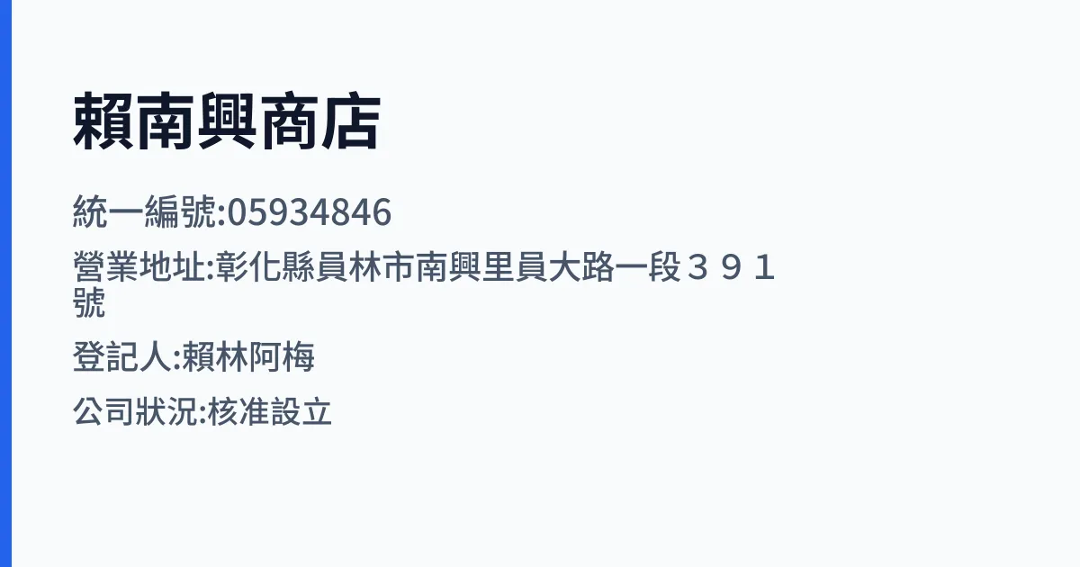 賴南興商店 - 統編 05934846(彰化縣) 公司登記資料與營業項目詳細圖表