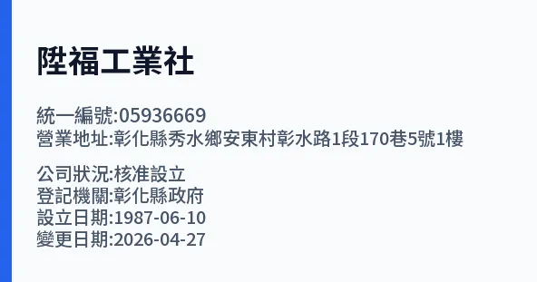 陞福工業社的照片-統編 05936669(彰化縣) 公司登記資料與營業項目詳細圖表