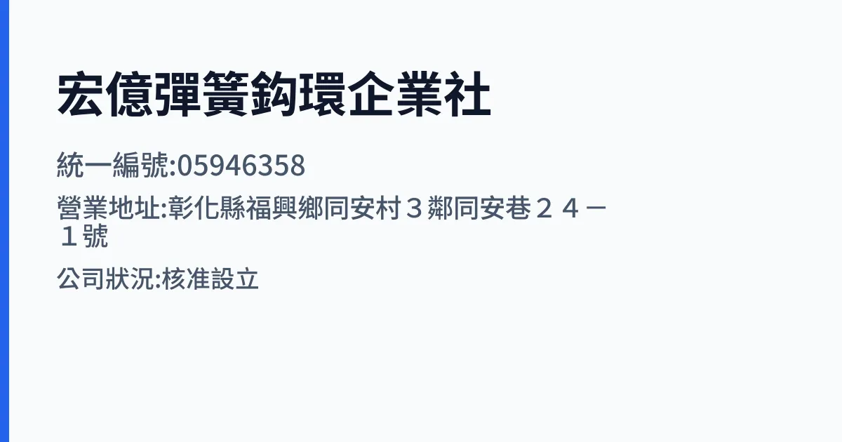 宏億彈簧鈎環企業社 - 統編 05946358(彰化縣) 公司登記資料與營業項目詳細圖表