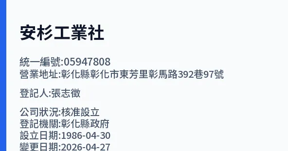 安杉工業社的照片-統編 05947808(彰化縣) 公司登記資料與營業項目詳細圖表