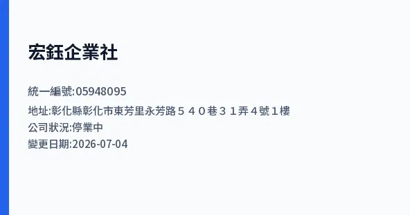 宏鈺企業社的照片-統編 05948095(彰化縣) 公司登記資料與營業項目詳細圖表
