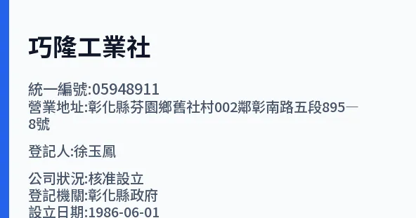 巧隆工業社的照片-統編 05948911(彰化縣) 公司登記資料與營業項目詳細圖表
