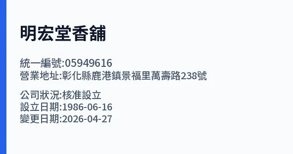 明宏堂香舖的照片-統編 05949616(彰化縣) 公司登記資料與營業項目詳細圖表