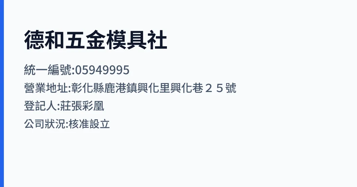 德和五金模具社 - 統編 05949995(彰化縣) 公司登記資料與營業項目詳細圖表