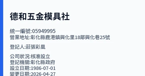 德和五金模具社的照片-統編 05949995(彰化縣) 公司登記資料與營業項目詳細圖表
