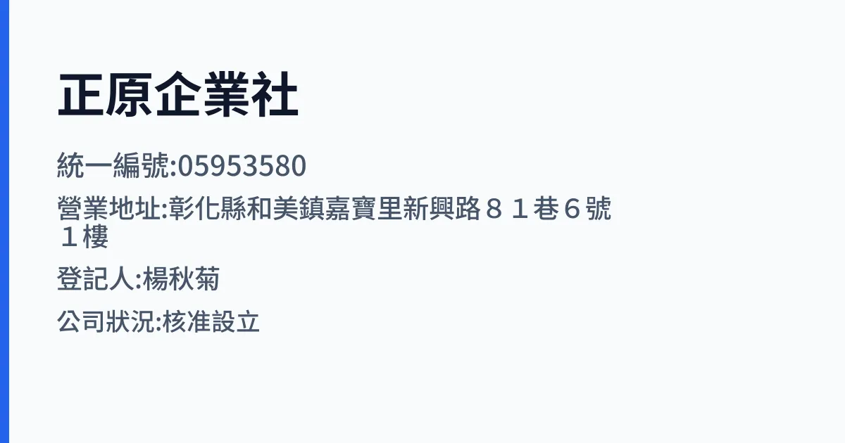 正原企業社 - 統編 05953580(彰化縣) 公司登記資料與營業項目詳細圖表