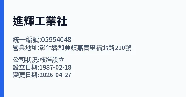 進輝工業社的照片-統編 05954048(彰化縣) 公司登記資料與營業項目詳細圖表