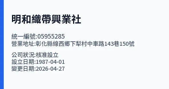 明和織帶興業社的照片-統編 05955285(彰化縣) 公司登記資料與營業項目詳細圖表