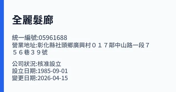 全麗髮廊的照片-統編 05961688(彰化縣) 公司登記資料與營業項目詳細圖表