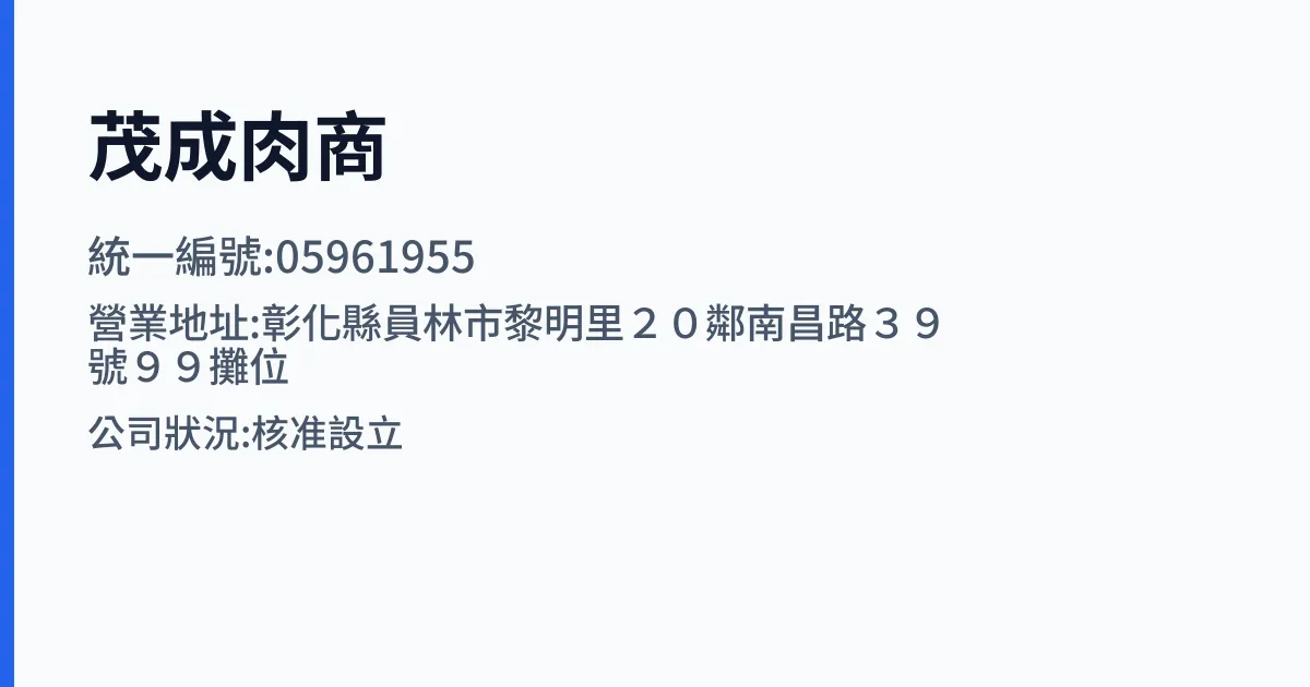 茂成肉商 - 統編 05961955(彰化縣) 公司登記資料與營業項目詳細圖表