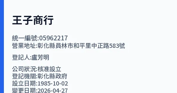 王子商行的照片-統編 05962217(彰化縣) 公司登記資料與營業項目詳細圖表