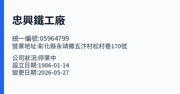 忠興鐵工廠的照片-統編 05964799(彰化縣) 公司登記資料與營業項目詳細圖表