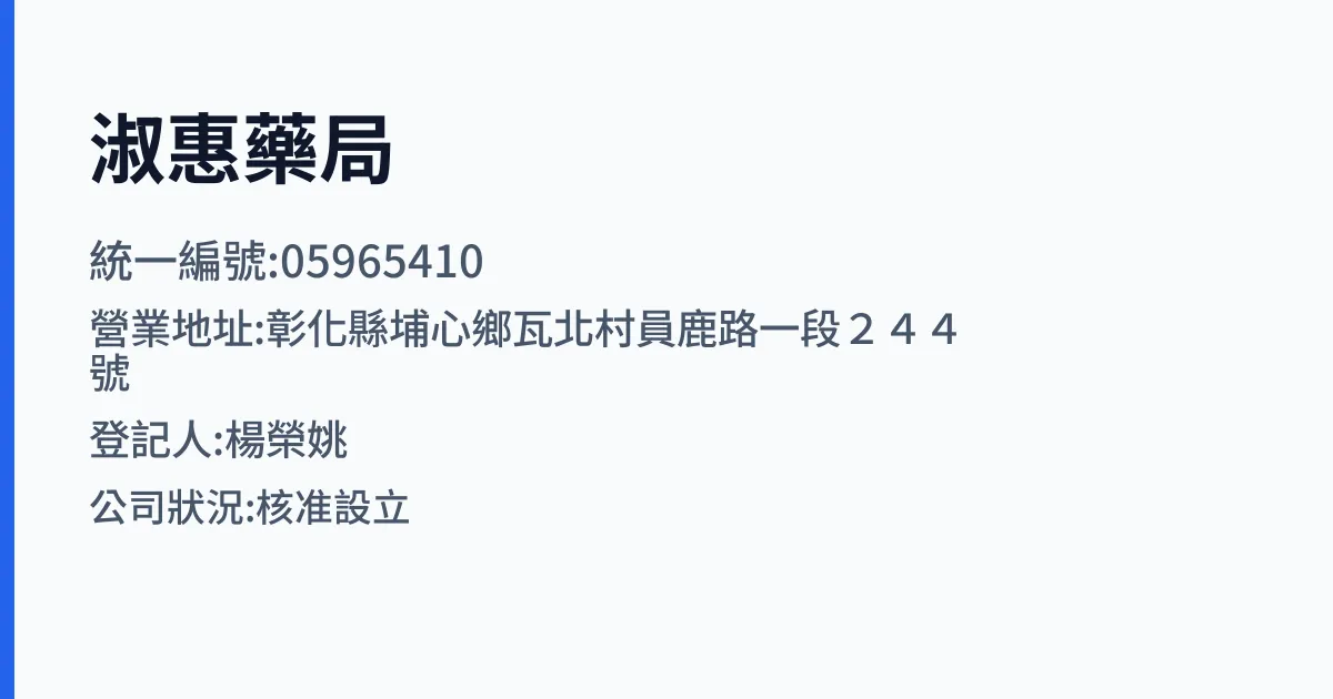 淑惠藥局 - 統編 05965410(彰化縣) 公司登記資料與營業項目詳細圖表