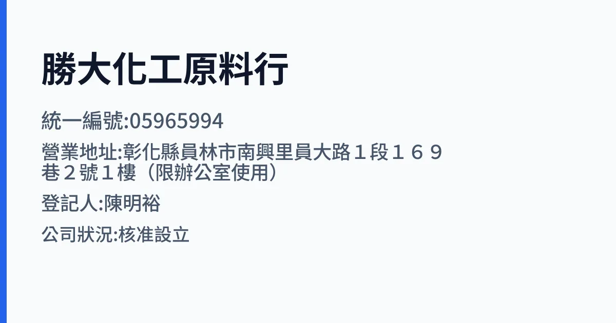 勝大化工原料行 - 統編 05965994(彰化縣) 公司登記資料與營業項目詳細圖表