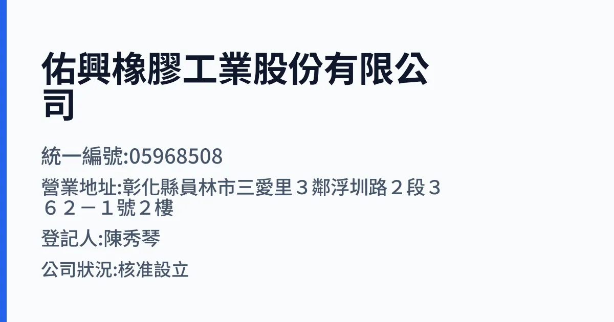 佑興橡膠工業股份有限公司 - 統編 05968508(彰化縣) 公司登記資料與營業項目詳細圖表