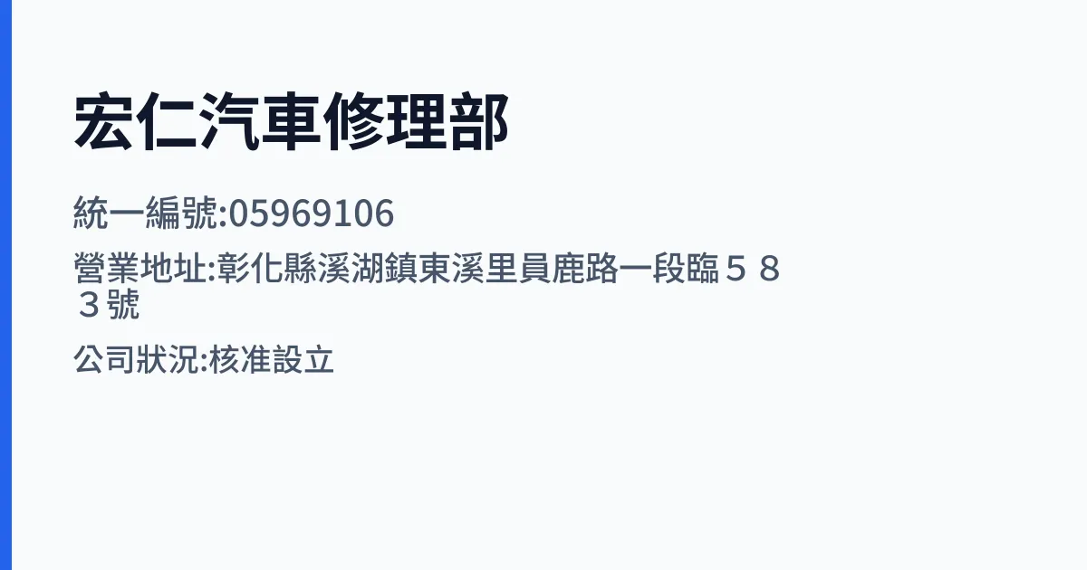宏仁汽車修理部 - 統編 05969106(彰化縣) 公司登記資料與營業項目詳細圖表