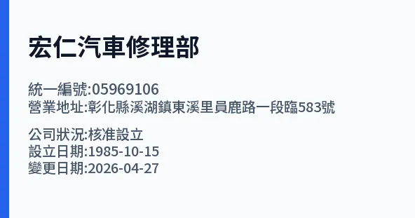 宏仁汽車修理部的照片-統編 05969106(彰化縣) 公司登記資料與營業項目詳細圖表